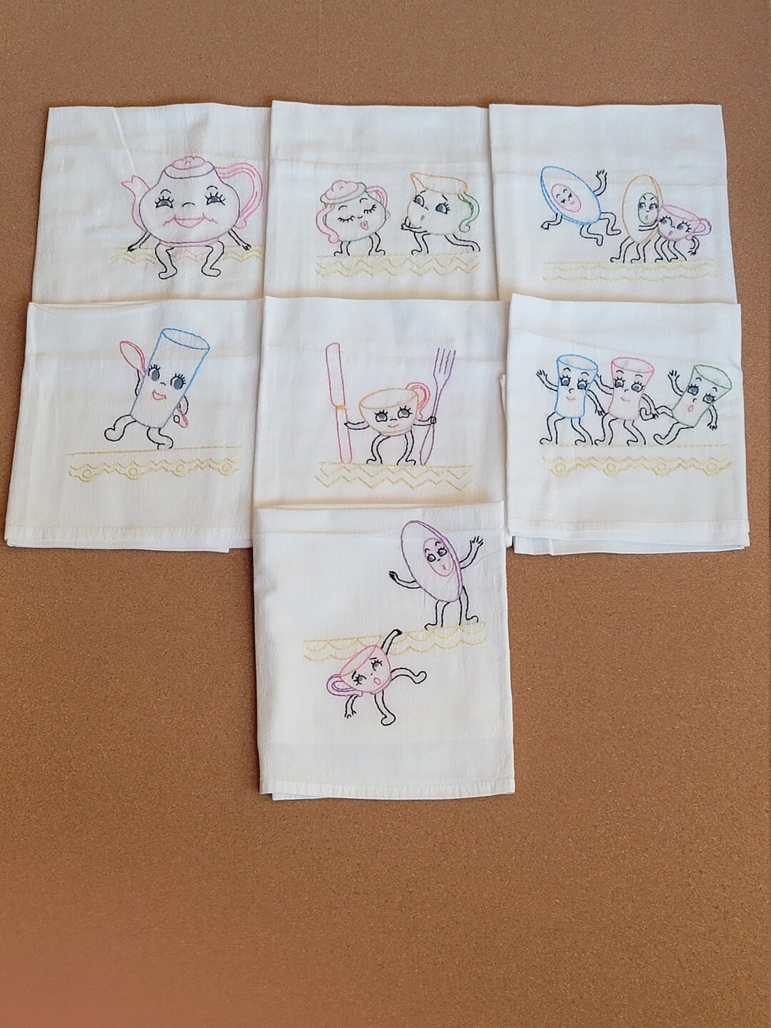 Kooky Kitchen Hand Embroidered Tea Towels. 7 Cotton Flour Sack Towels ...