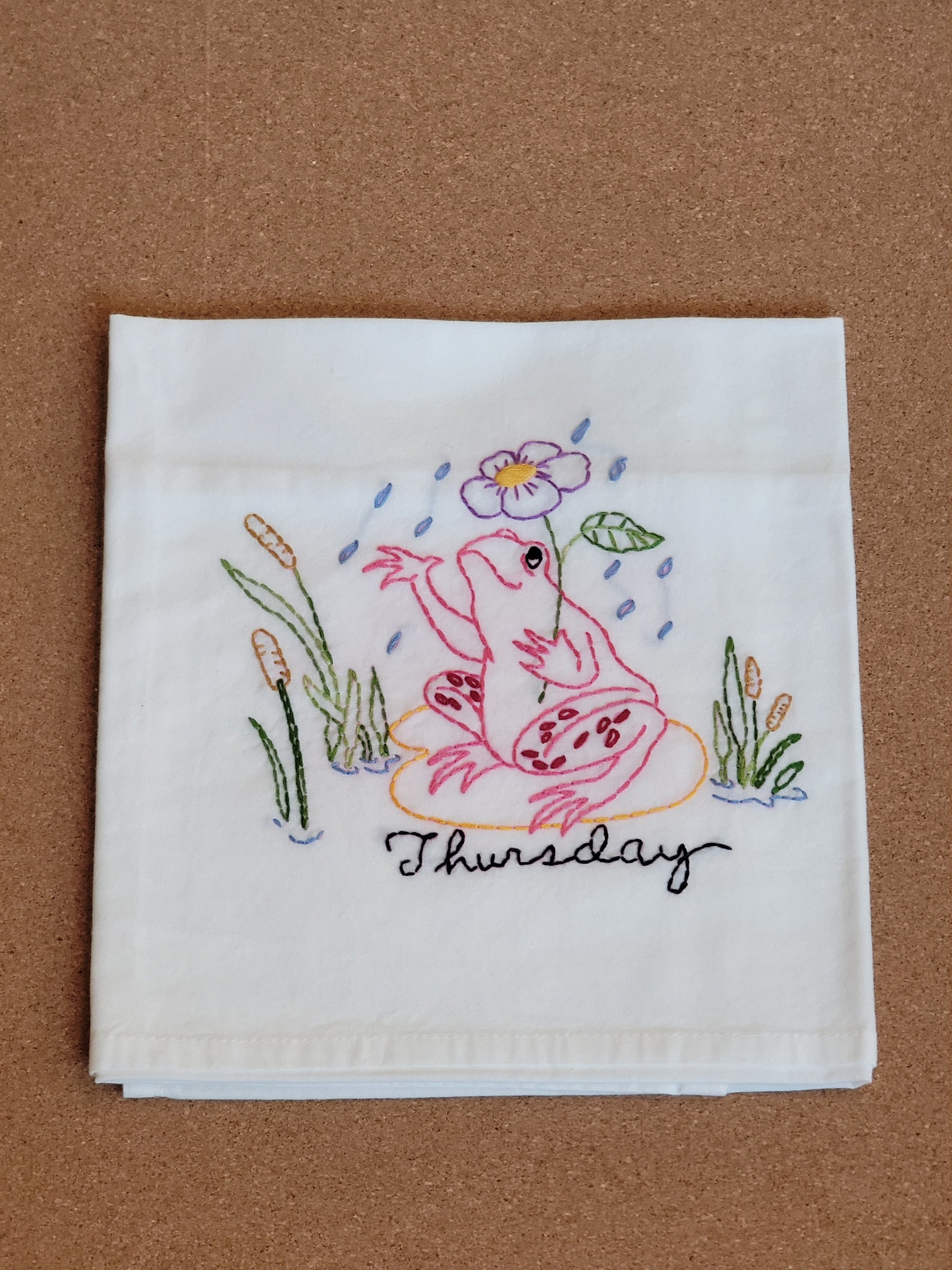 Colorful Frog Hand Embroidered Days of the Week Tea Towels. 7 Cotton ...
