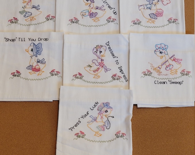 Sunbonnet Ducks Hand Embroidered Tea Towels. 7 Cotton Flour Sack Towels ...
