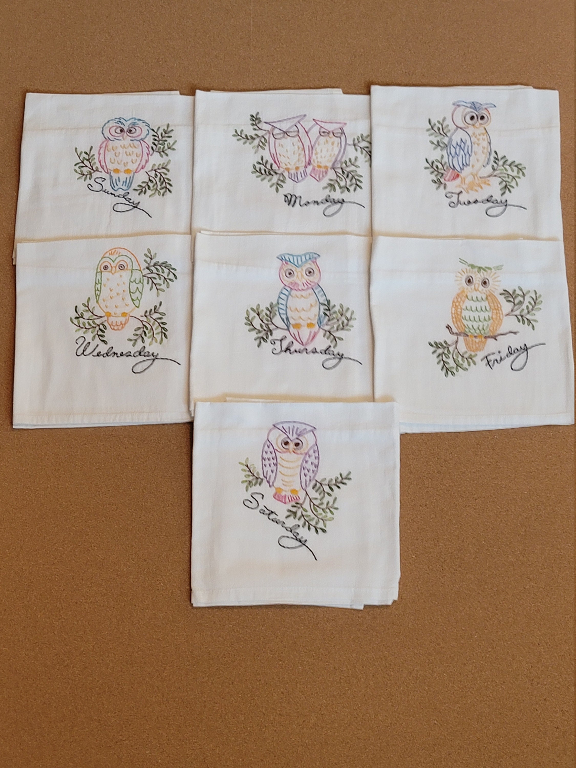Hooty Owls Hand Embroidered Days of the Week Tea Towels. 7 Cotton Flour ...