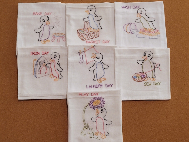 Penny the Penguin Hand Embroidered Tea Towels. 7 Cotton Flour Sack ...