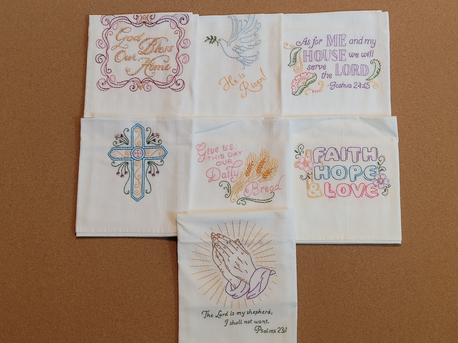 Christian Blessings Hand Embroidered Tea Towel Set. . 7 Cotton Flour ...