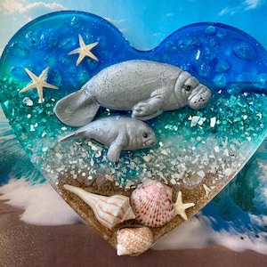 Manatee and Baby Beach Coastal Heart Art With Handpicked Florida Gulf ...