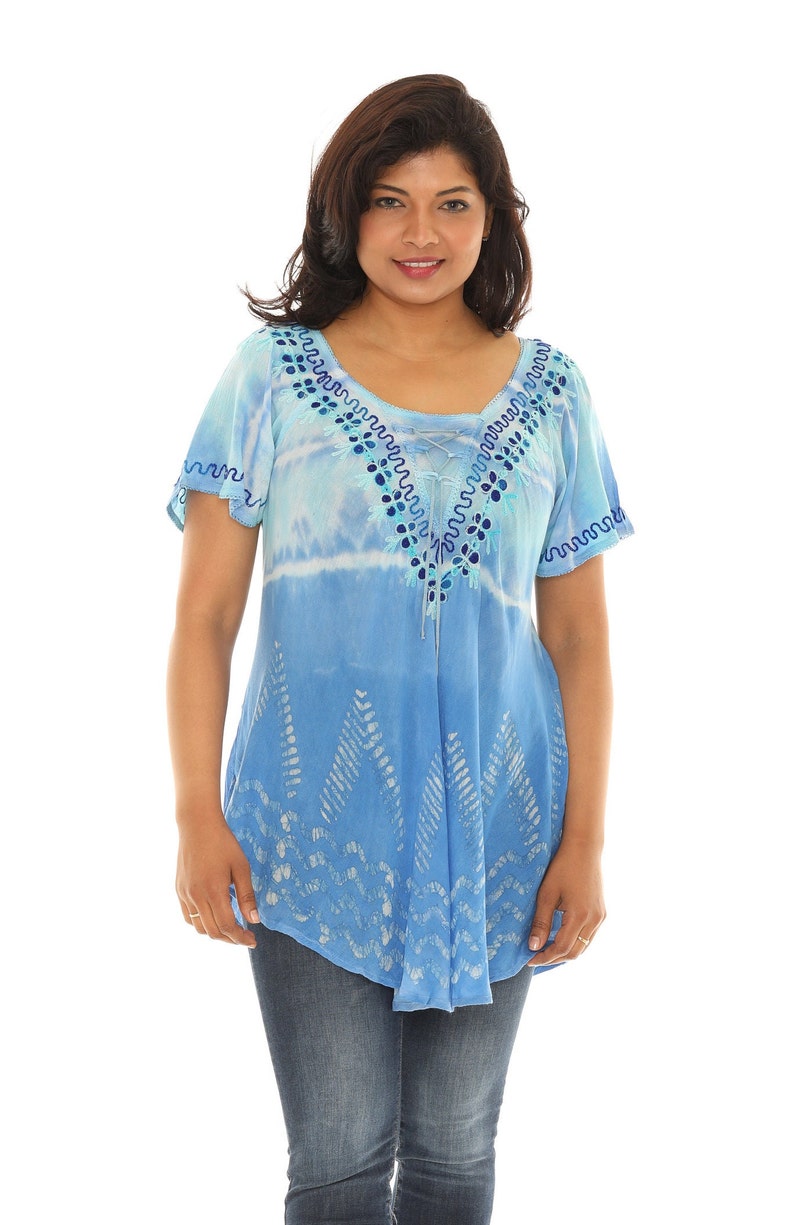 Women's Plus Embroidered Ombre Tie-dye Short Sleeves Tunic Top, Boho ...