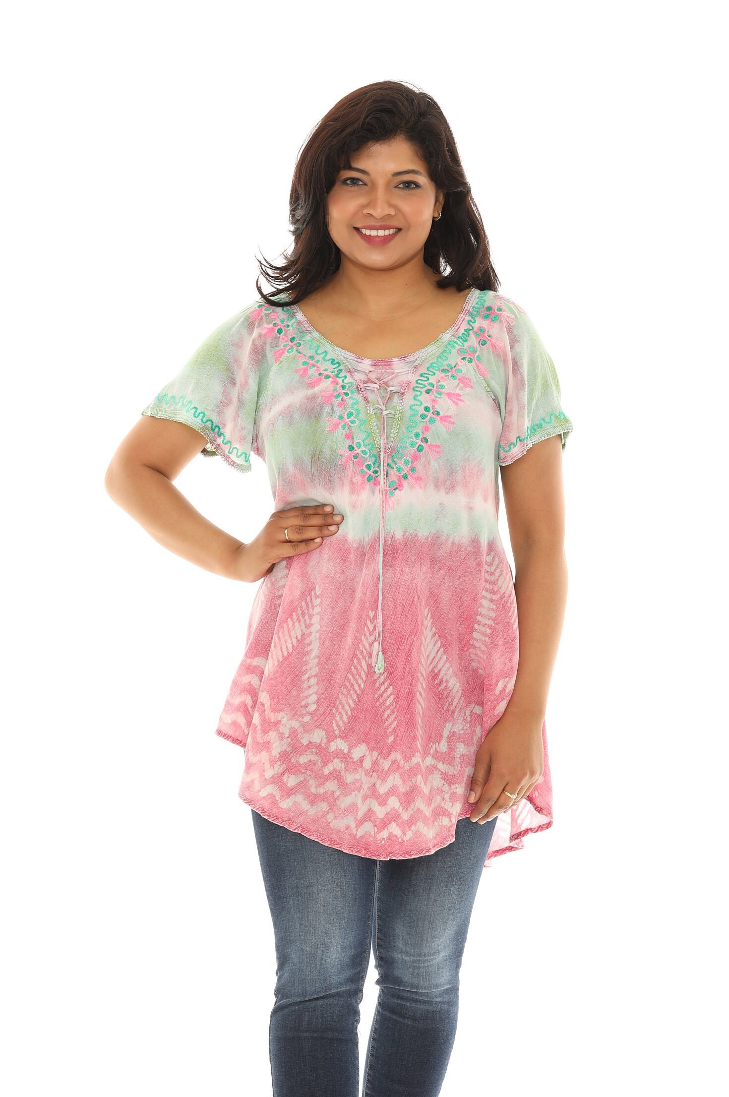 Women's Plus Embroidered Ombre Tie-dye Short Sleeves Tunic - Etsy