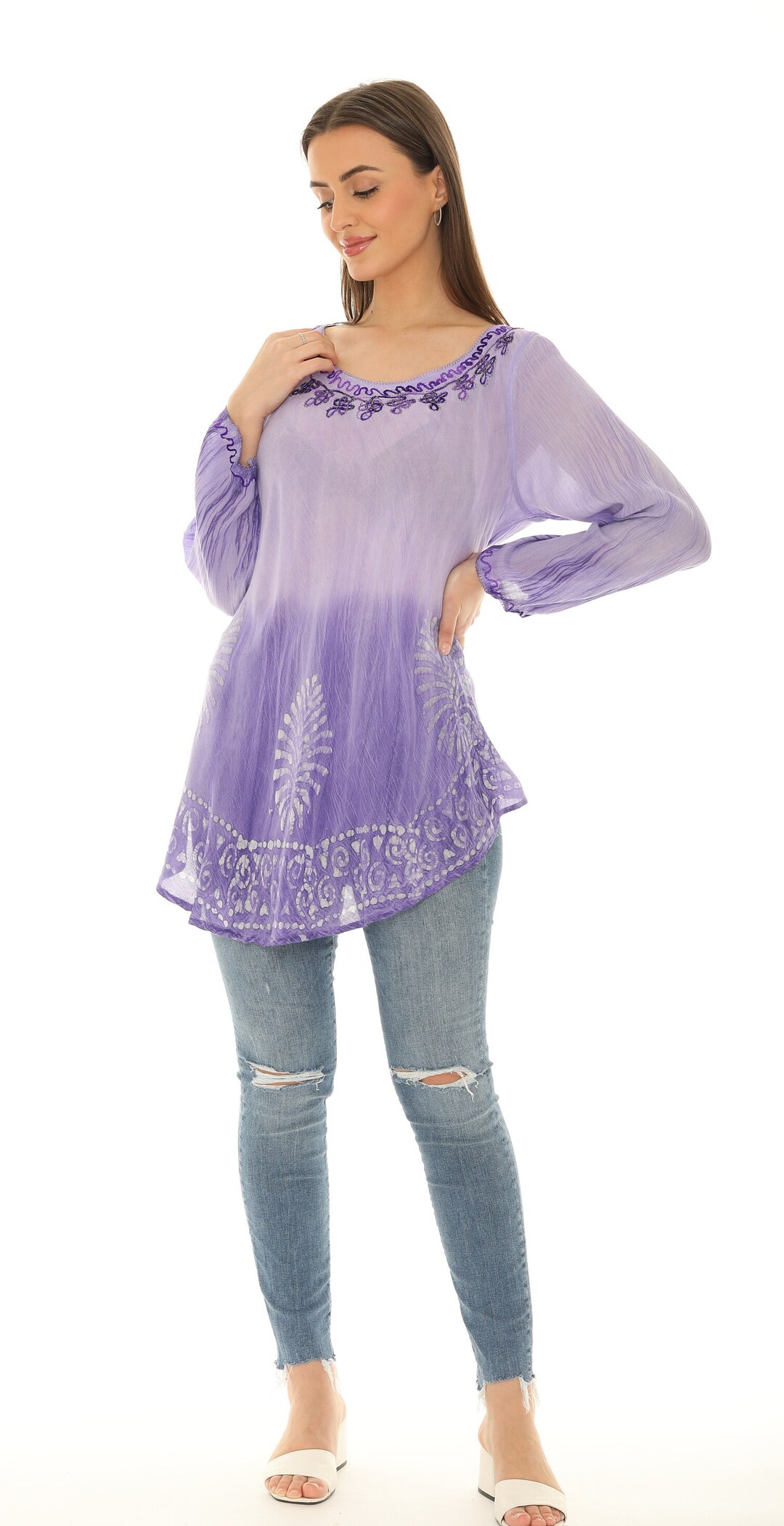 Women's Plus Casual Boho Embroidered Ombre Tie-dye Tunic Top, Summer ...