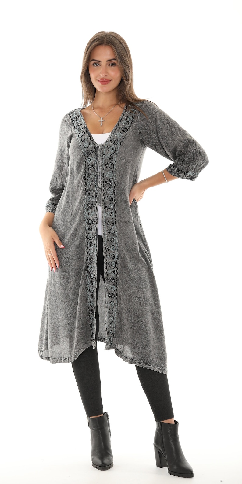 Women's Rhinestones Accent Embroidered Open Long Duster/cardigan , Plus Size Open Long Cardigan ...