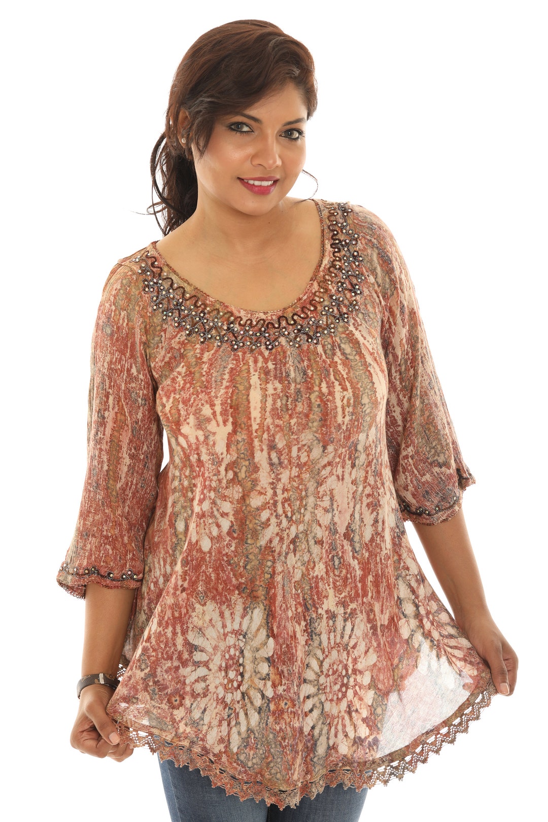Women's Rust Embroidered Tie-dye Batik Print 3/4 Sleeves Tunic, Boho ...