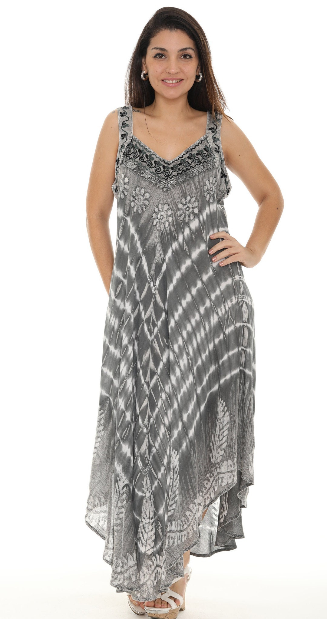 Women Printed Floral Embroidered Tie-dye Sleeveless Sundress-plus Size ...