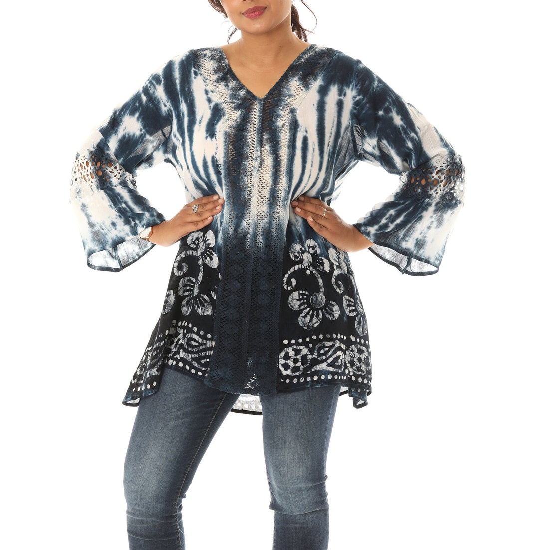 Women's Plus Ombre Tie-dye Floral Batik Print Long Sleeves V-neck Tunic ...