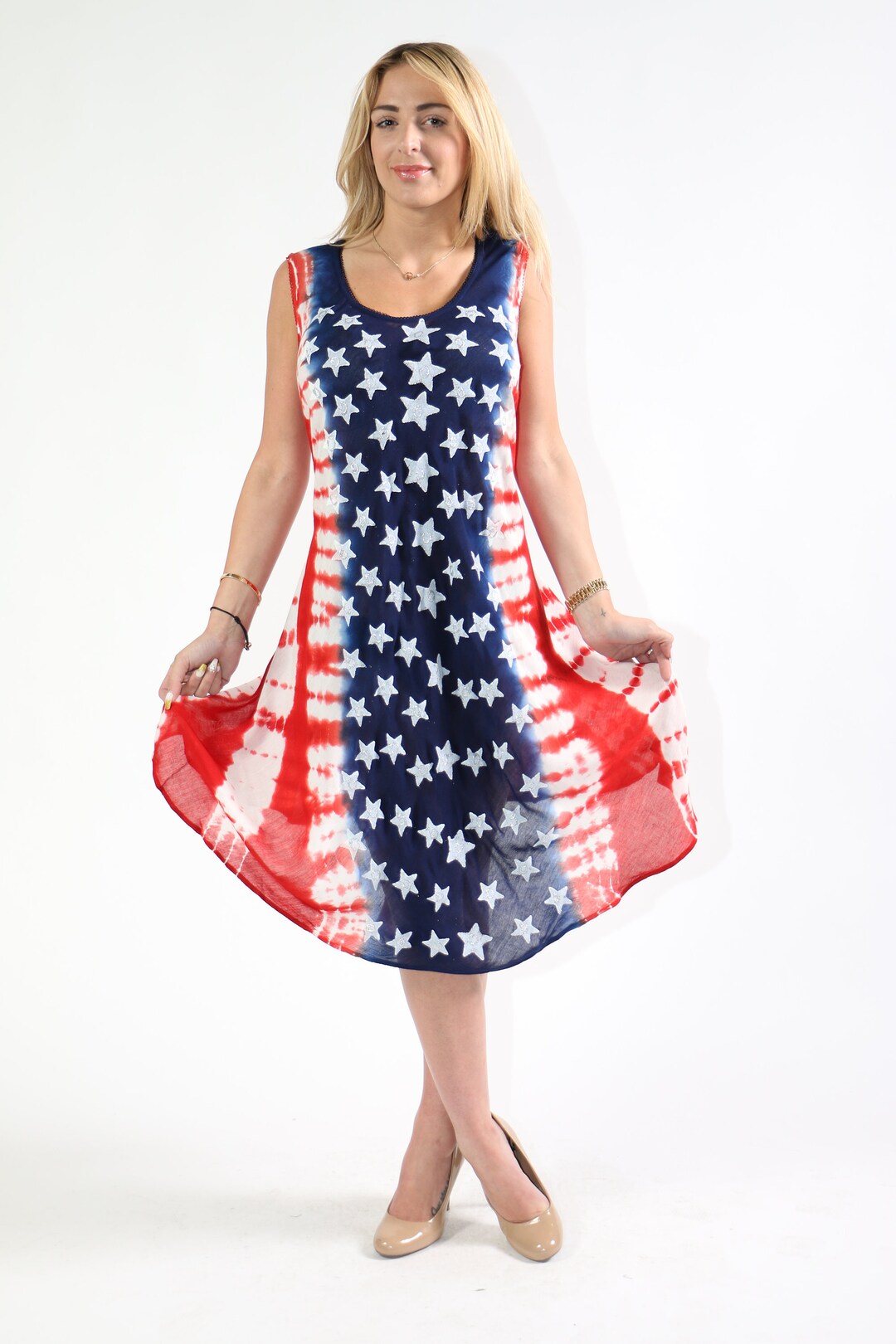 Tie-dye Star and Stripes Sleeveless Sundress, Patriotic Rayon Beach ...