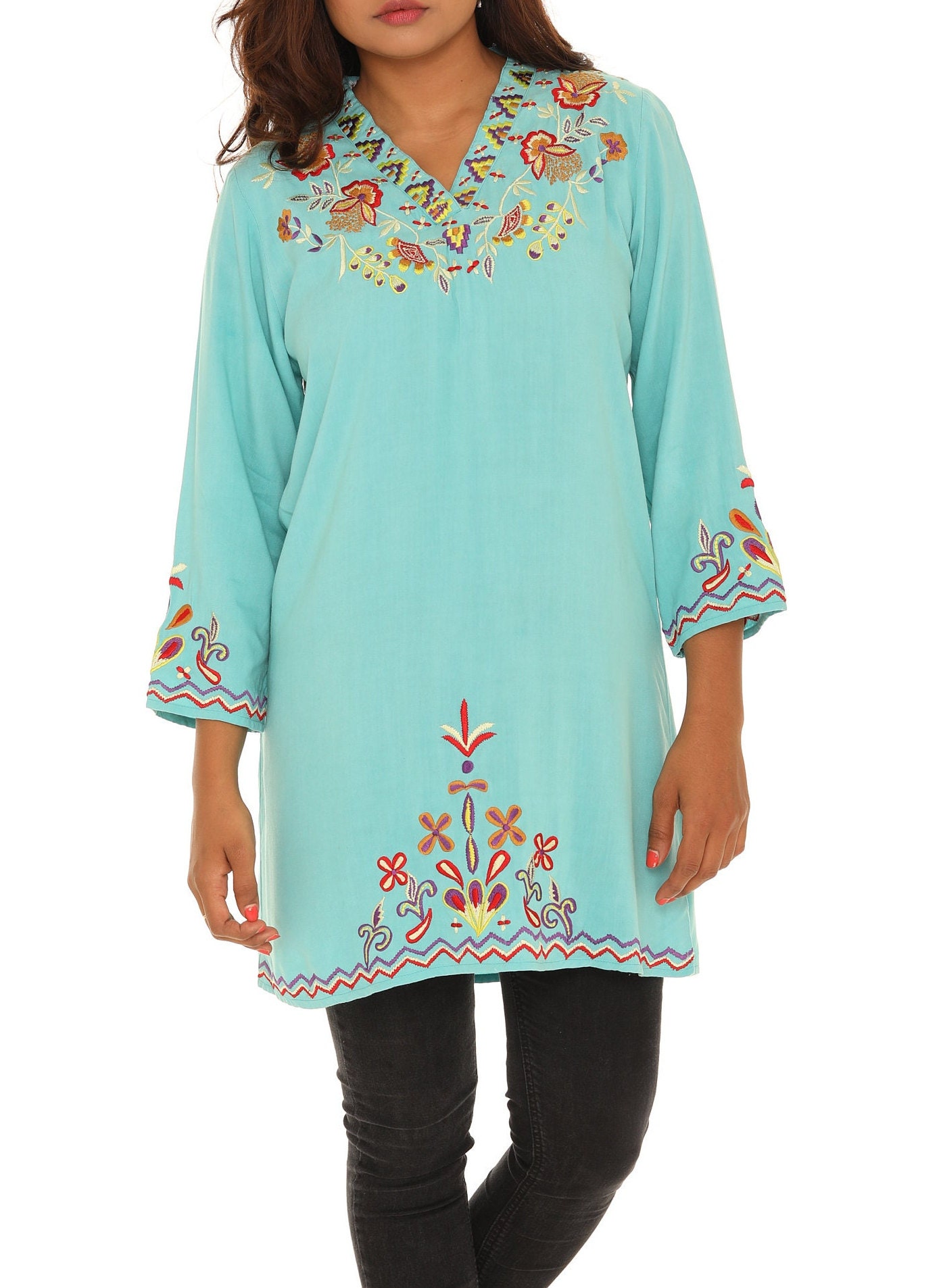 Women's Floral Embroidered Tunic Top PLUS, Boho Embroidery 3/4 Sleeves ...