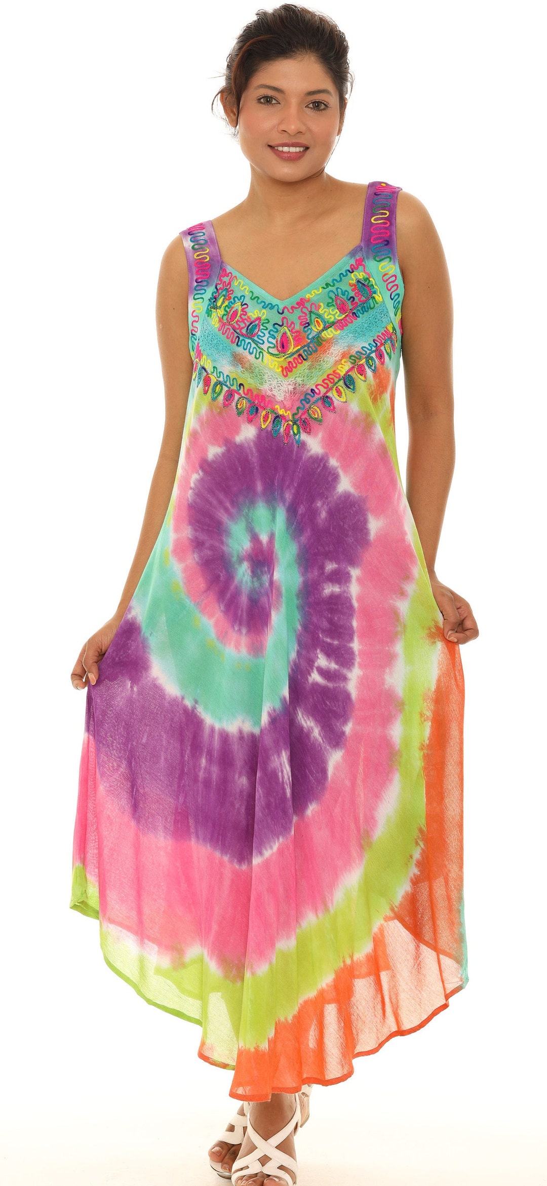 Women Swirl Tie-dye Embroidery Sleeveless Sundress, Plus Size Sundress ...