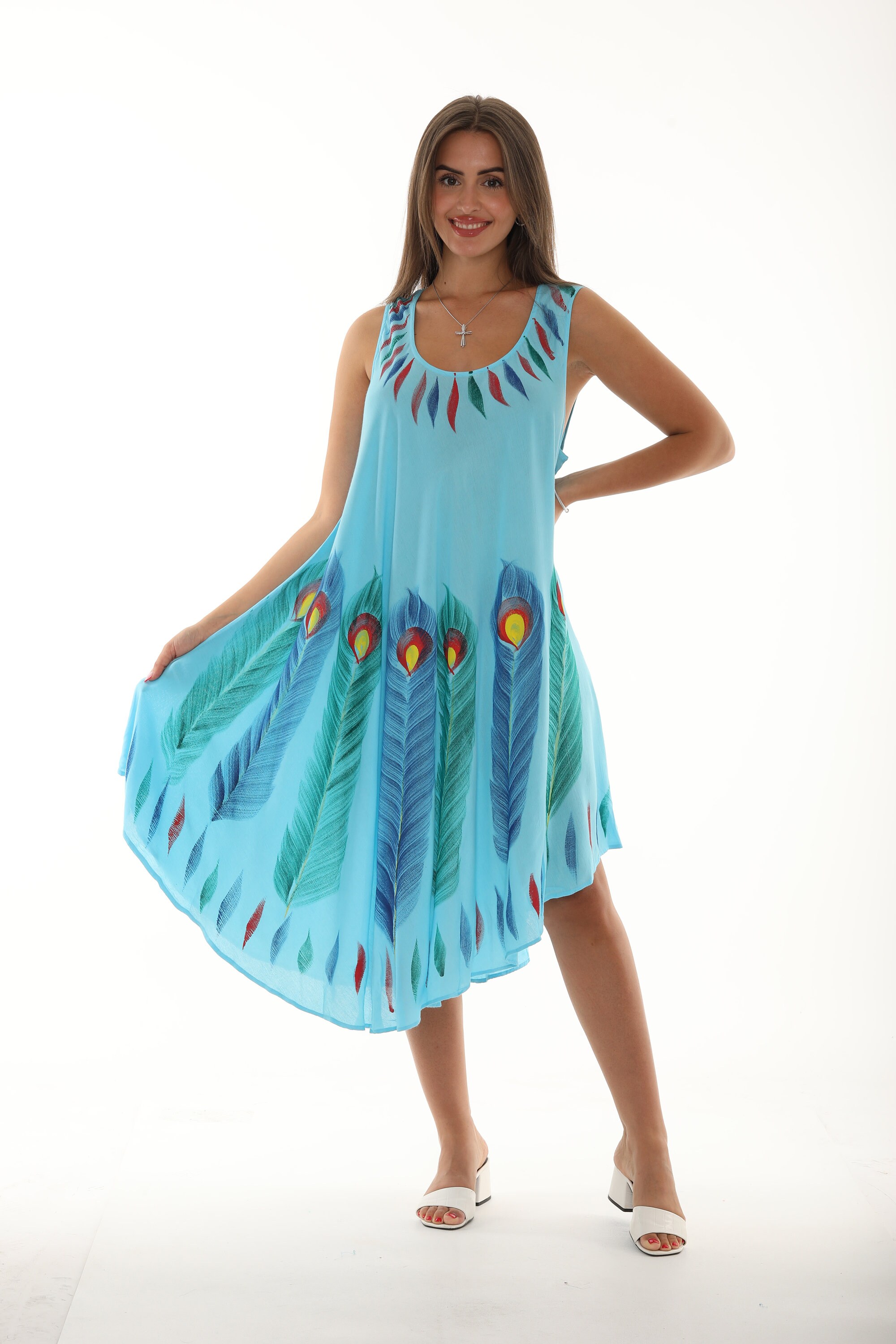 Peacock Feather Print Rayon Sundress, Boho-chic Sleeveless Resort Wear ...
