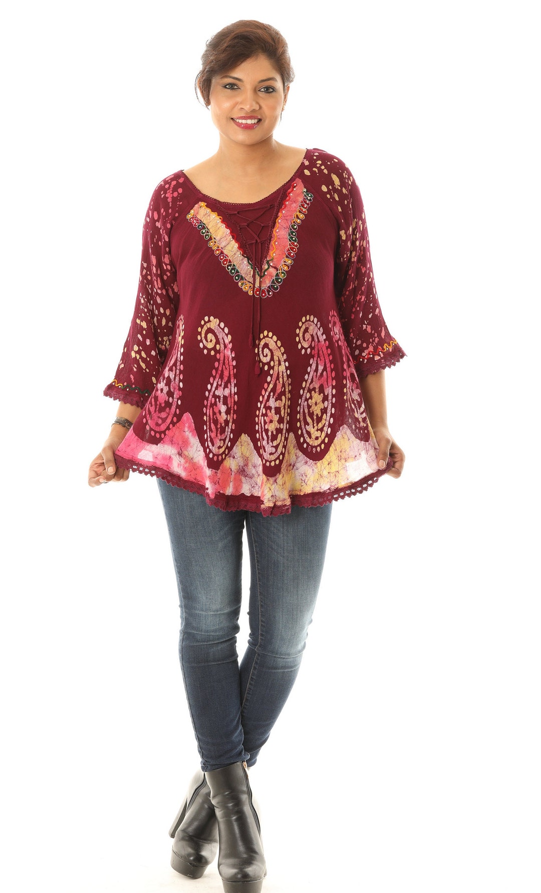 Women's Plus Embroidered Batik Paisley Print Three-quarter Sleeves ...