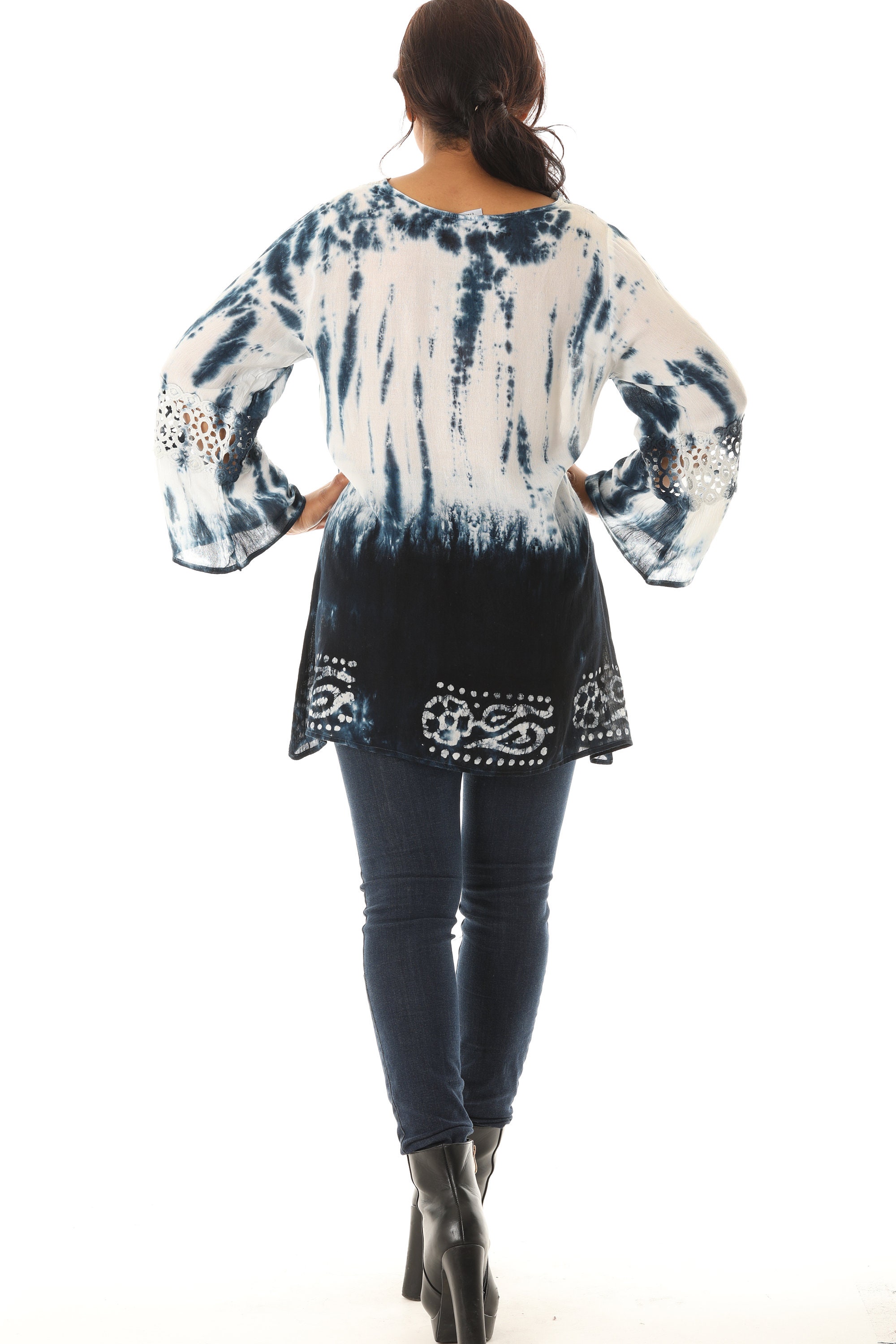 Women's Plus Ombre Tie-dye Floral Batik Print Long Sleeves V-neck Tunic ...