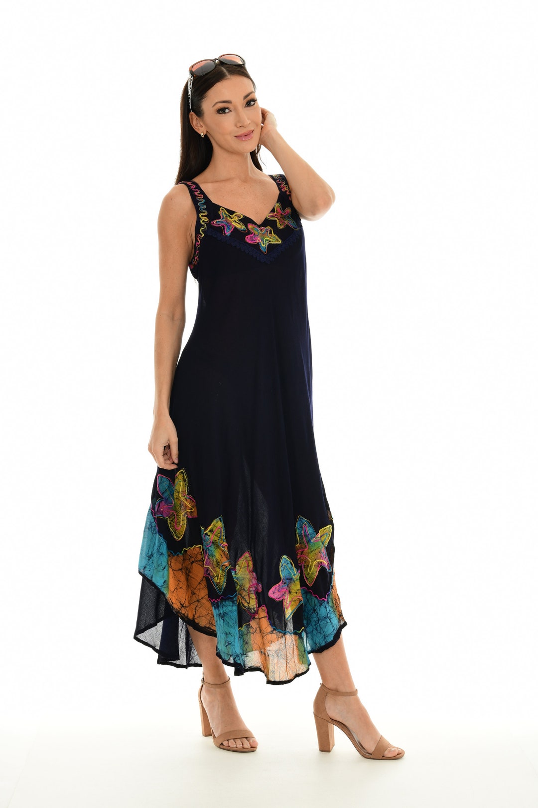 Black Starfish Batik Rayon Dress, Embroidered Sleeveless Sundress - Etsy