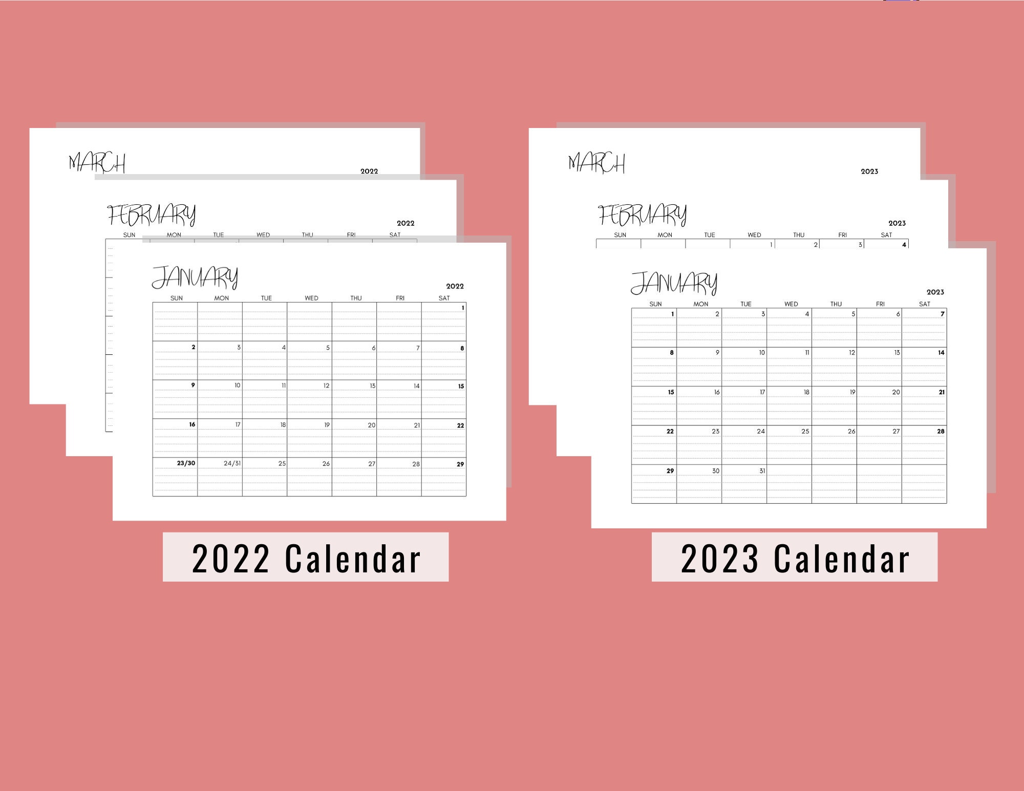 2022-2023 Monthly Calendar Landscape, Printable Calendar Template ...