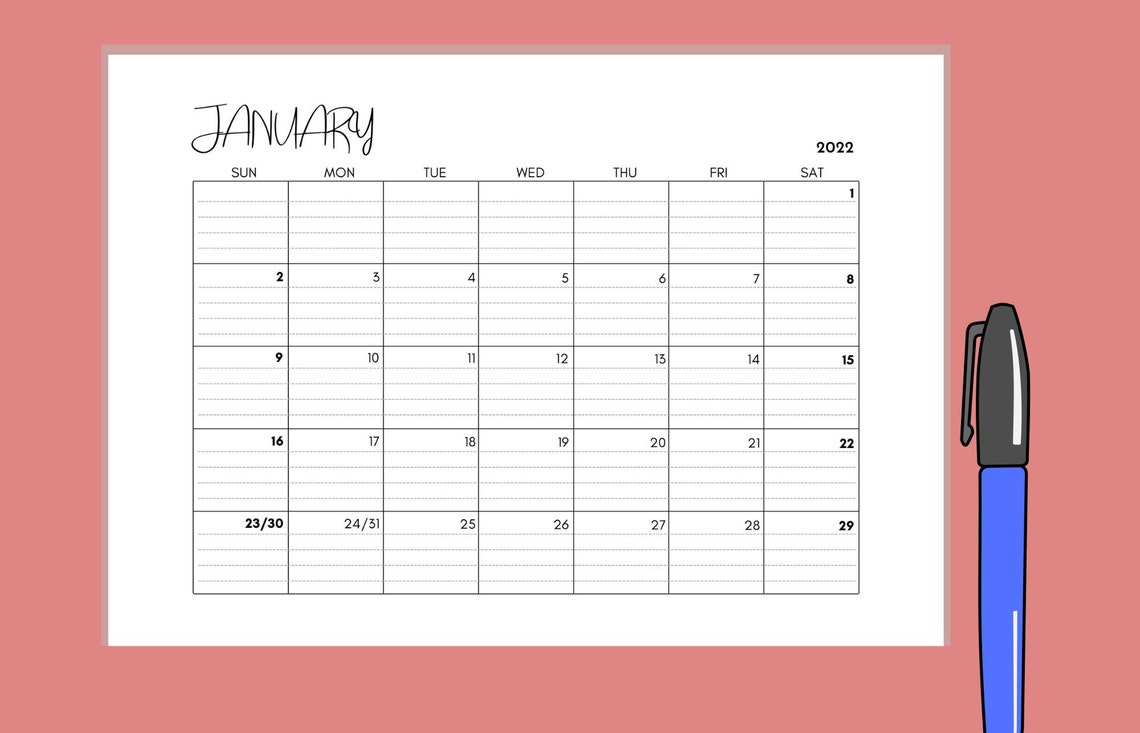2022-2023 Monthly Calendar Landscape, Printable Calendar Template ...
