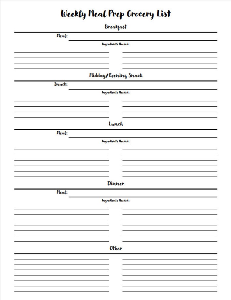 Printable Weekly Meal Prep Grocery List - Etsy