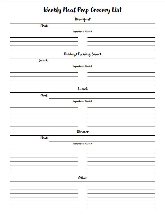 Printable Weekly Meal Prep Grocery List - Etsy