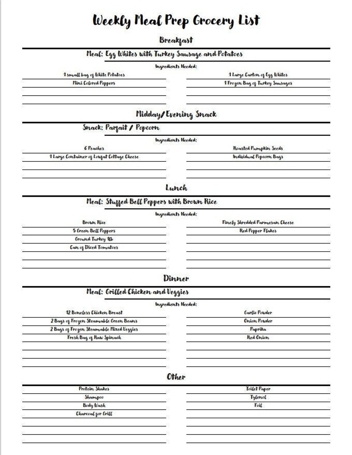 Printable Weekly Meal Prep Grocery List - Etsy