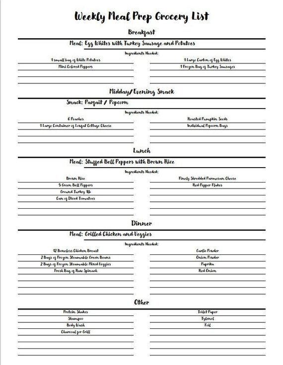 Printable Weekly Meal Prep Grocery List | Etsy