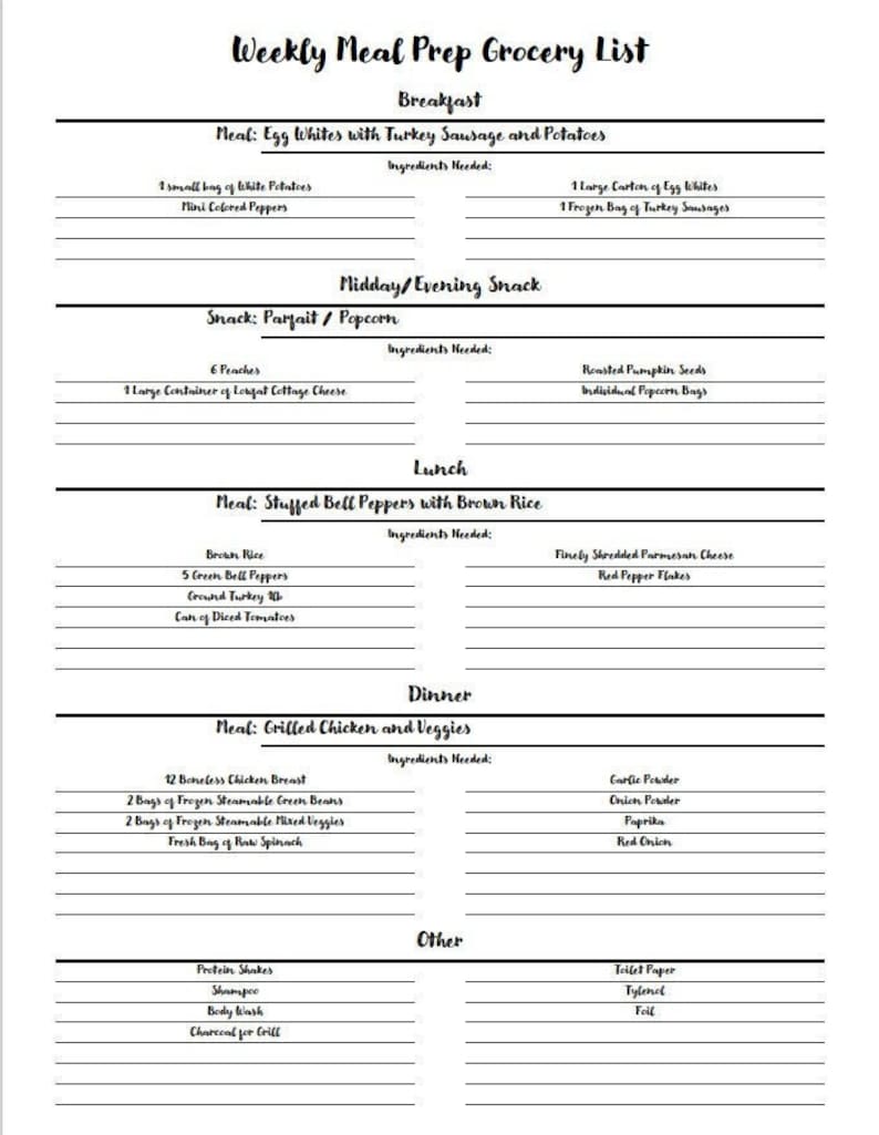 Printable Weekly Meal Prep Grocery List - Etsy