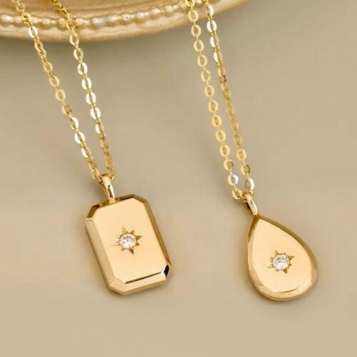 14k Solid Gold Rectangle Pendant Necklace/ Teardrop Pendant/ | Etsy