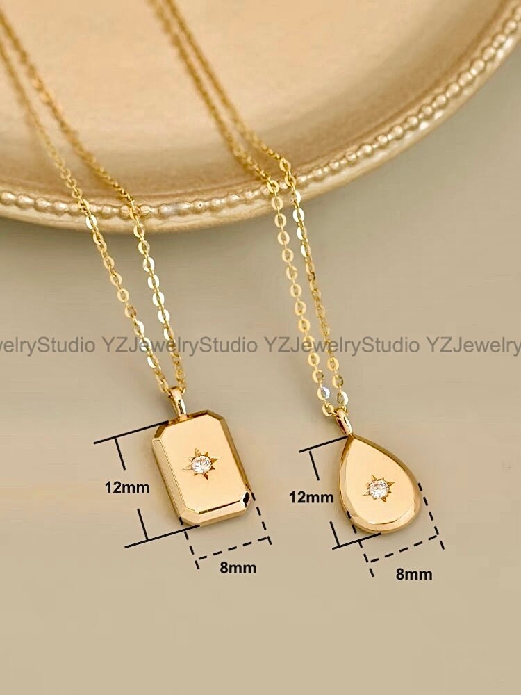 14k Solid Gold Rectangle Pendant Necklace/ Teardrop Pendant ...