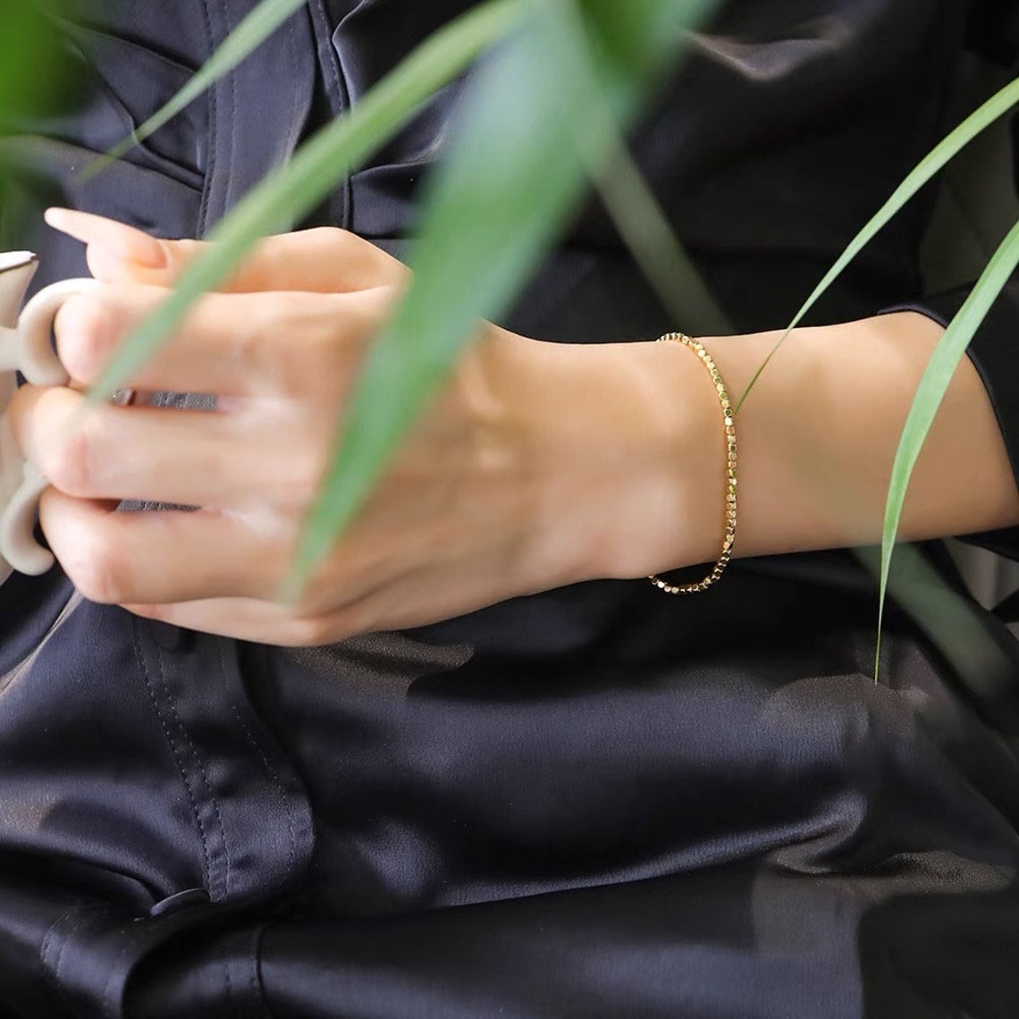 18k Solid Gold Square Beaded Chain Bracelet/ Dainty Stackable - Etsy