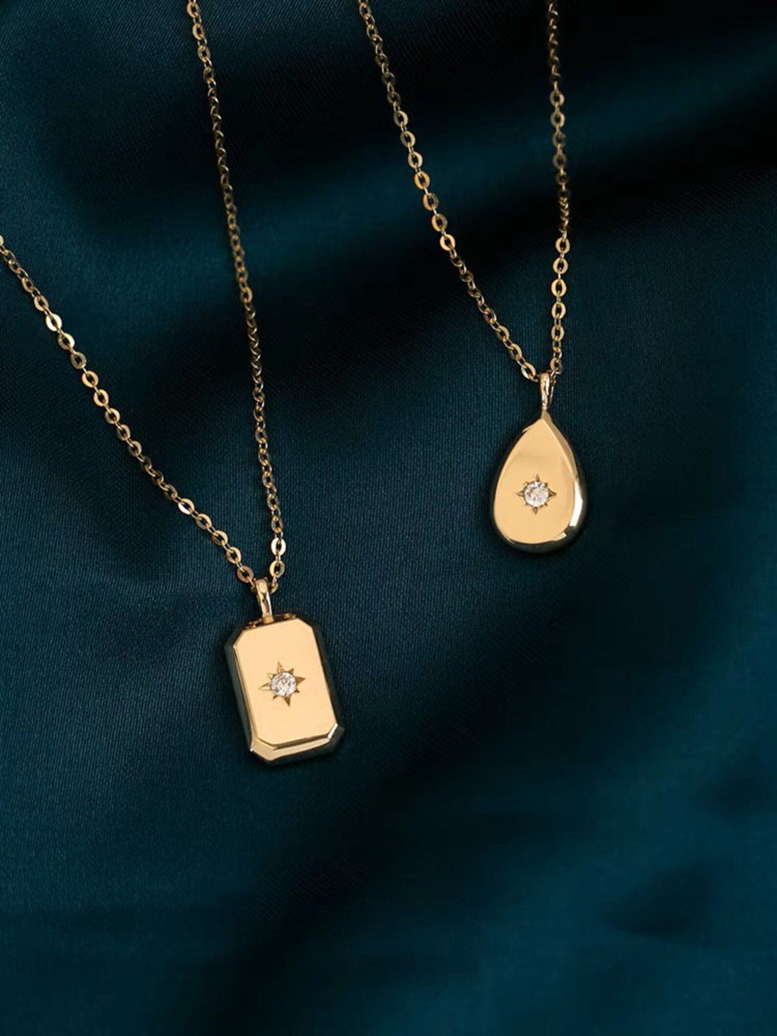 14k Solid Gold Rectangle Pendant Necklace/ Teardrop Pendant/ | Etsy