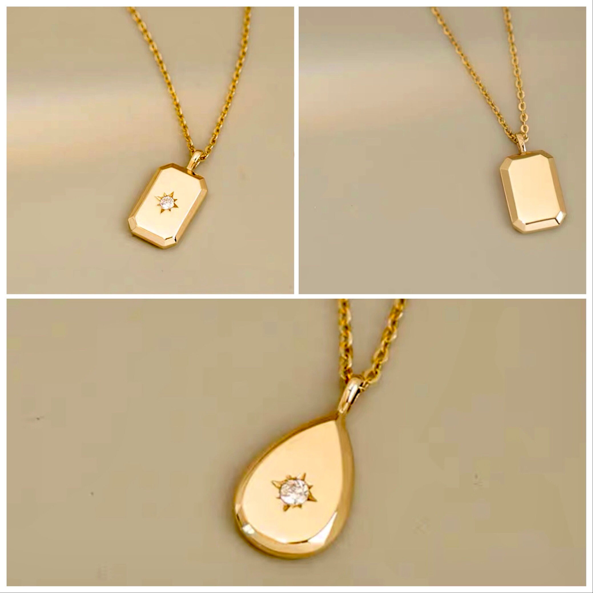 14k Solid Gold Rectangle Pendant Necklace/ Teardrop Pendant/ | Etsy