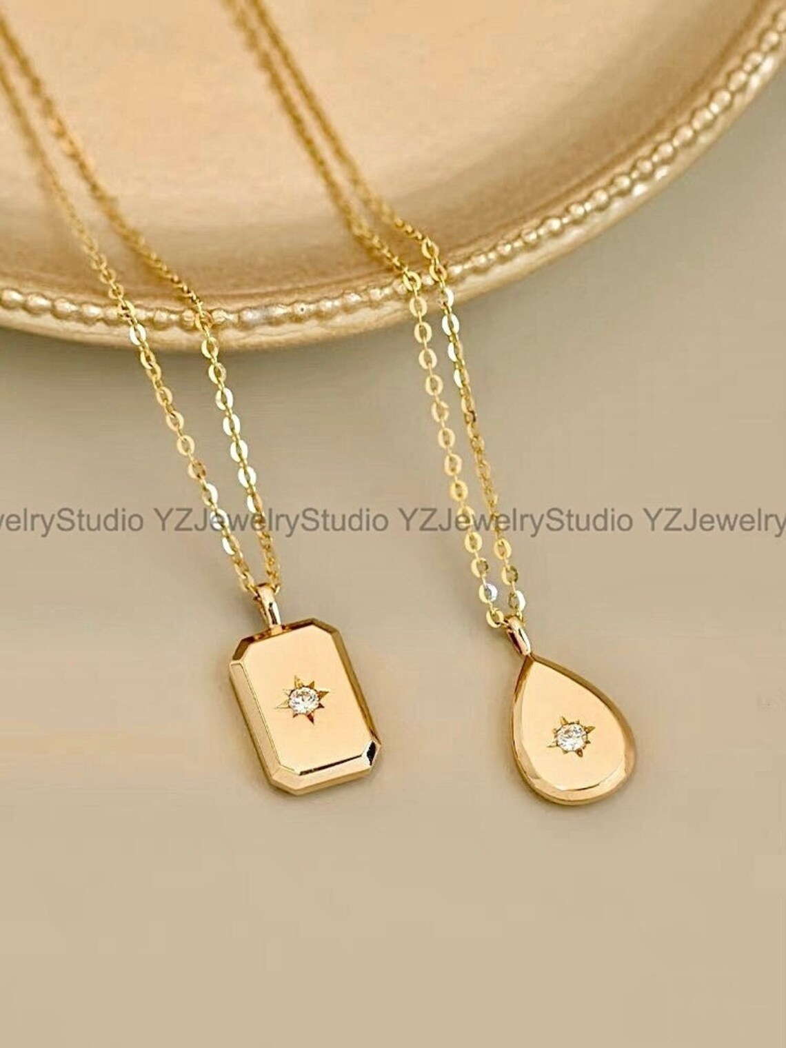 14k Solid Gold Rectangle Pendant Necklace/ Teardrop Pendant ...