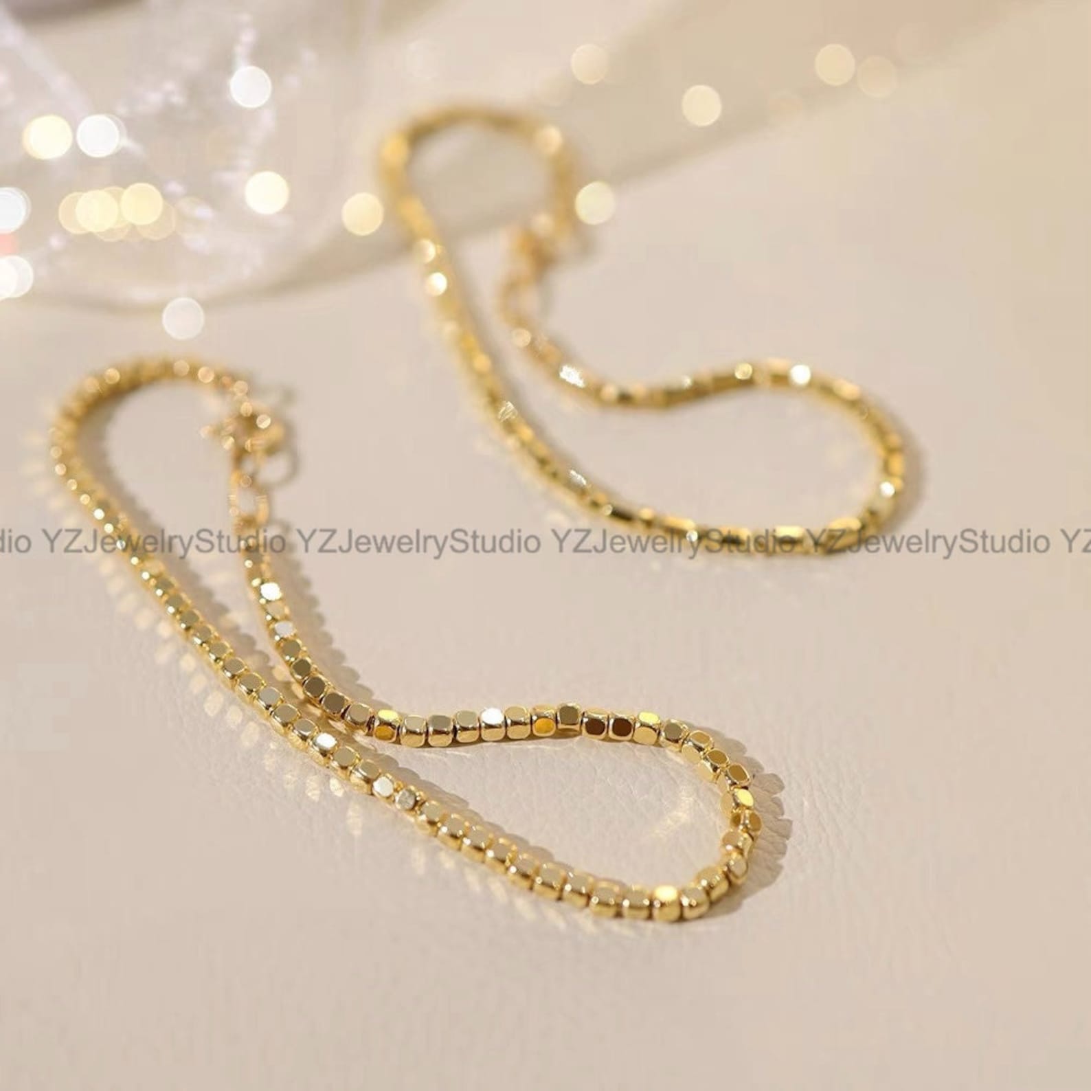 18k Solid Gold Square Beaded Chain Bracelet/ Dainty Stackable - Etsy