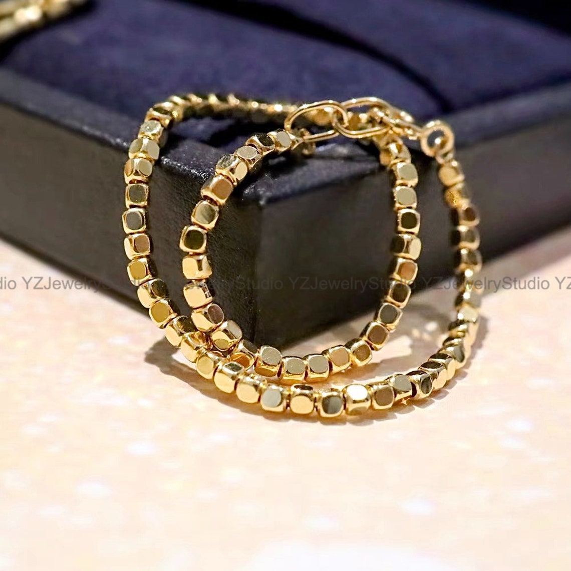 18k Solid Gold Square Beaded Chain Bracelet/ Dainty Stackable - Etsy