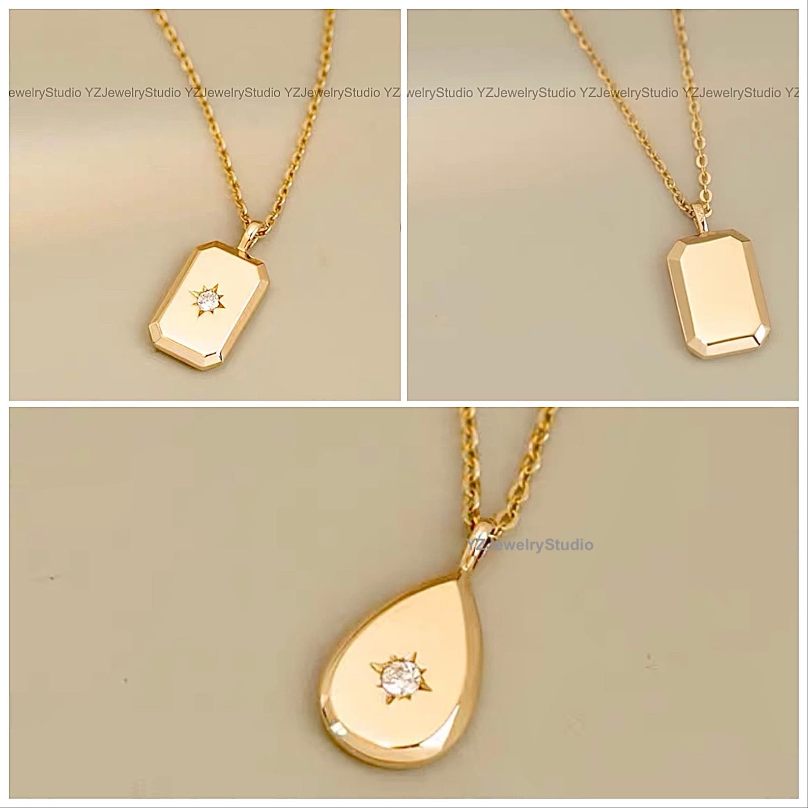 14k Solid Gold Rectangle Pendant Necklace/ Teardrop Pendant ...