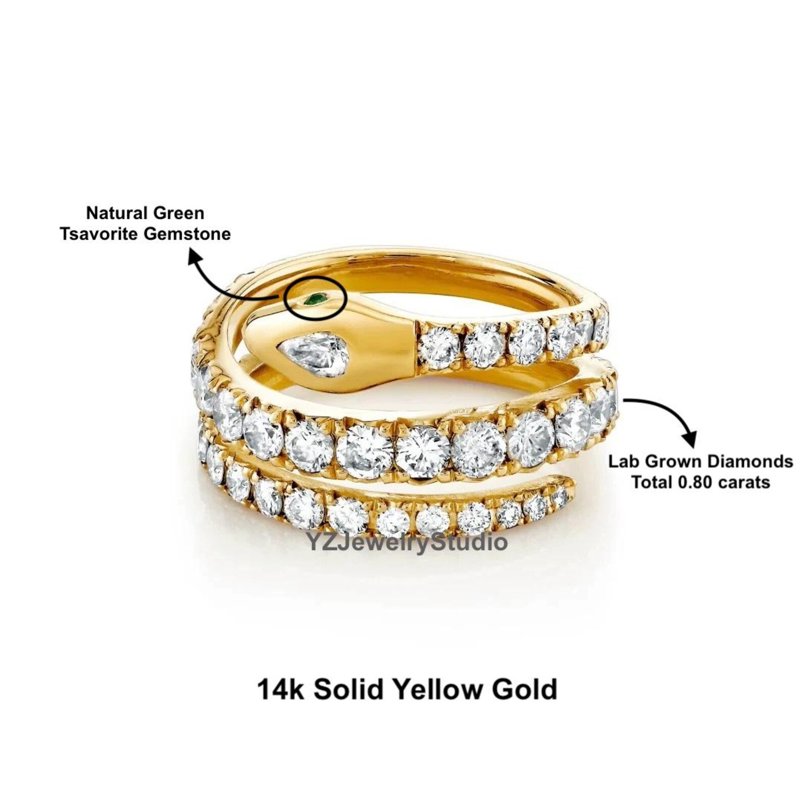 Diamond Serpent Snake Wraparound Ring 14k Solid Gold, Lab Grown ...
