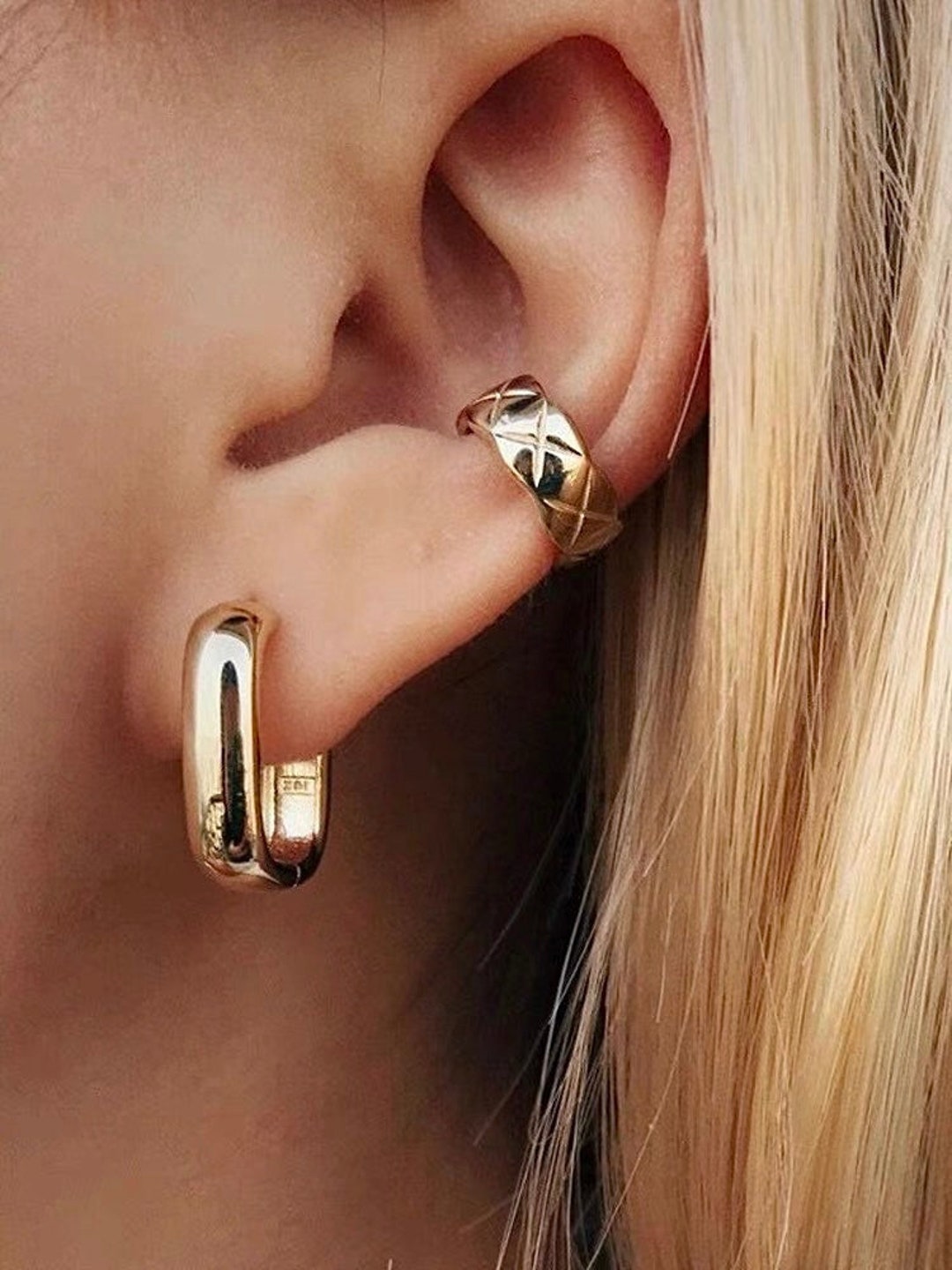 10k Solid Gold Thick Rectangle Hoop Earrings/ Huggie Hoop Earrings ...