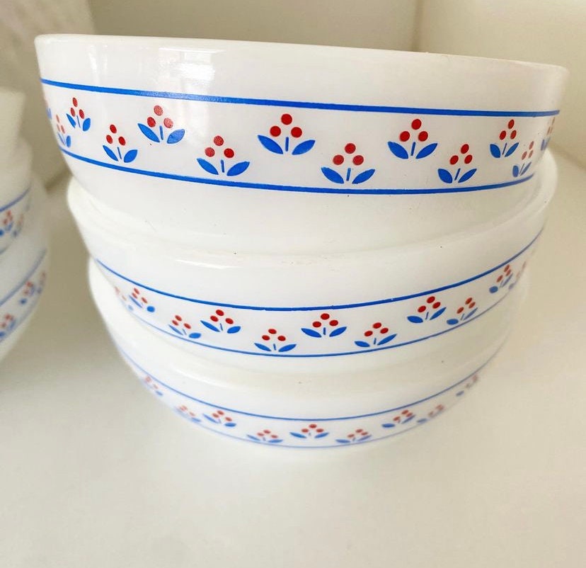 Termocrisa Milk Glass Blue Red Flower Cereal Bowls Set - Etsy