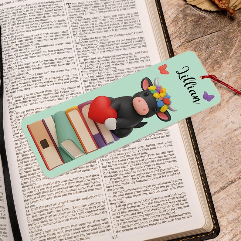 Cute Cow Sitting Bookmark, Custom Name Bookmark, Personalized Gift for ...