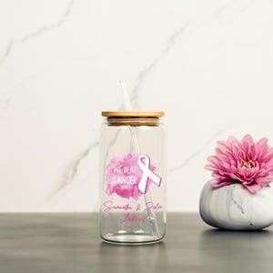 We Beat Cancer, Pink Ribbon Jar, Cancer Awareness Glass, Cancer Fighter ...