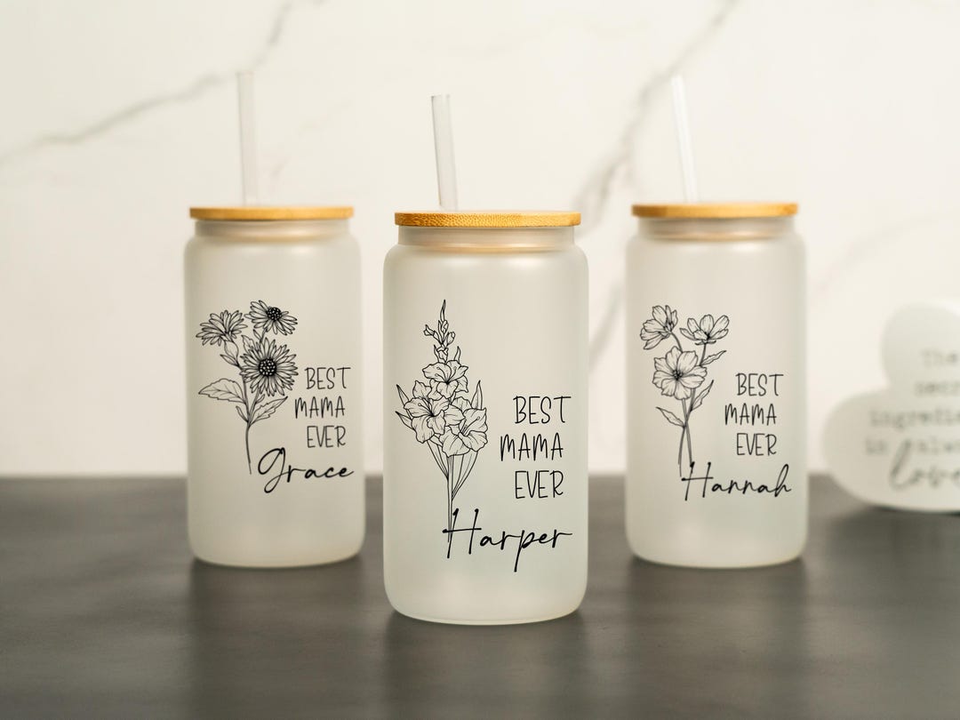 Best Mama Birth Flower Glass Tumbler, Floral Mom Gift, Mothers Day ...