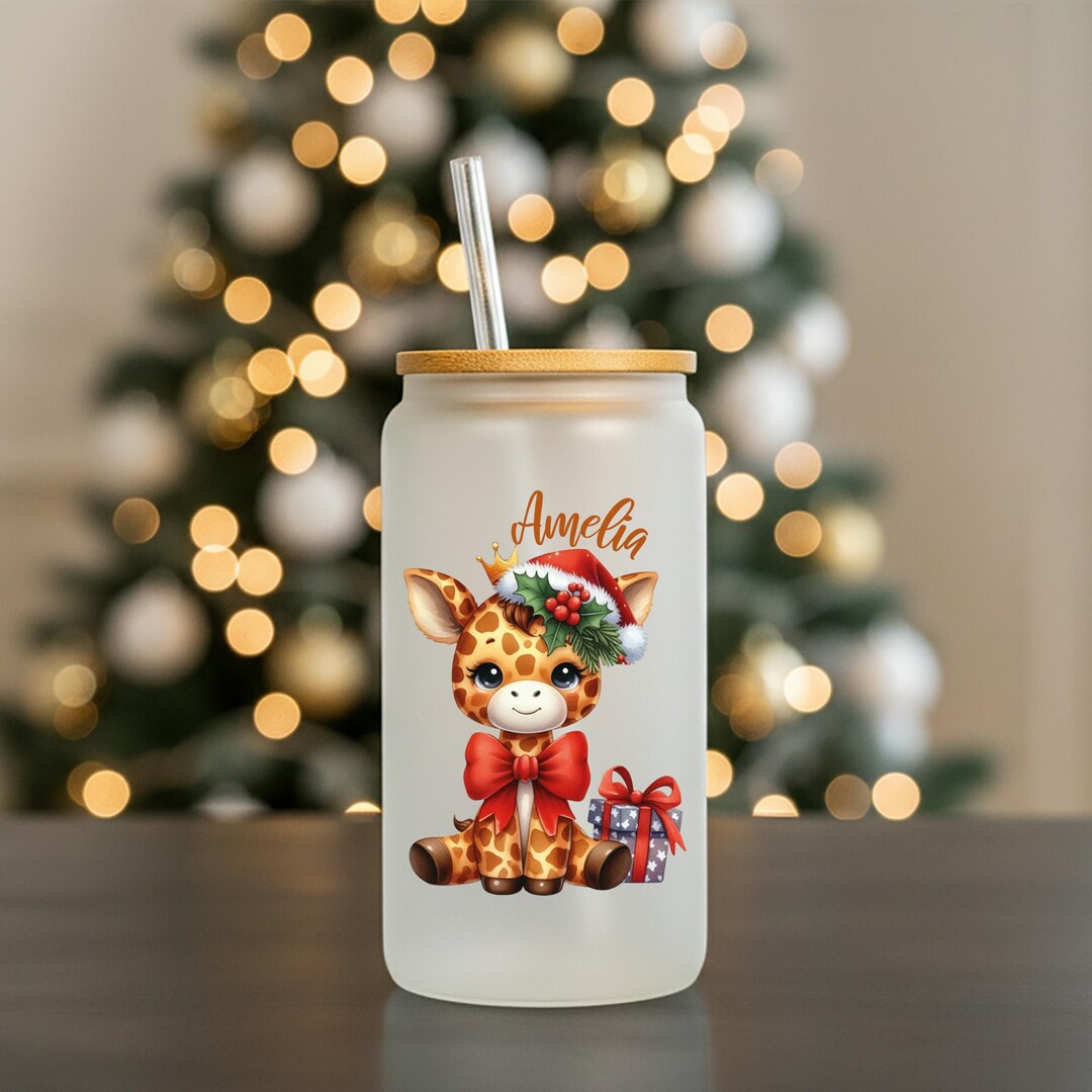 Custom Name Christmas Giraffe Glass Cup, 16oz Clear or Frosted Tumbler ...