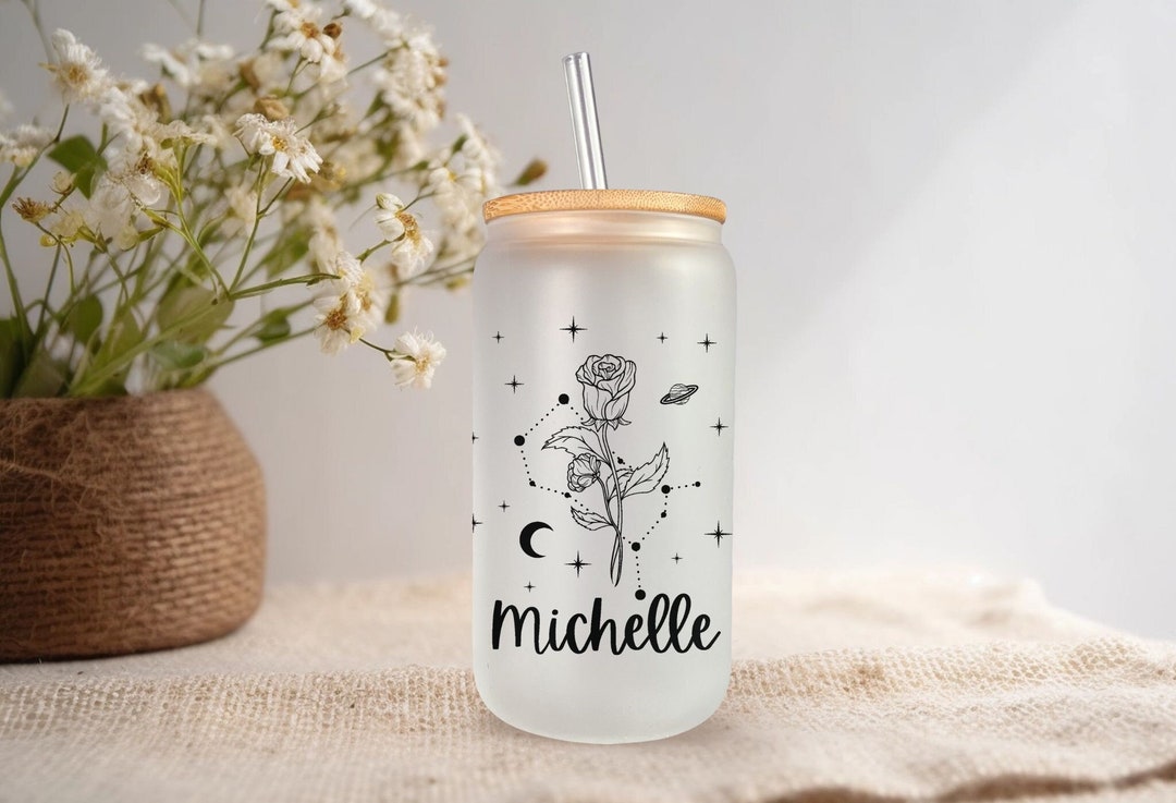 Personalized Birth Flower Tumbler, Custom Glass Jar, Name Tumbler ...