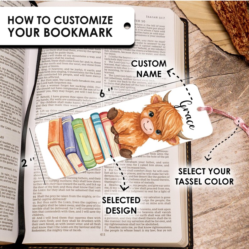 Cute Cow Sitting Bookmark, Custom Name Bookmark, Personalized Gift for ...