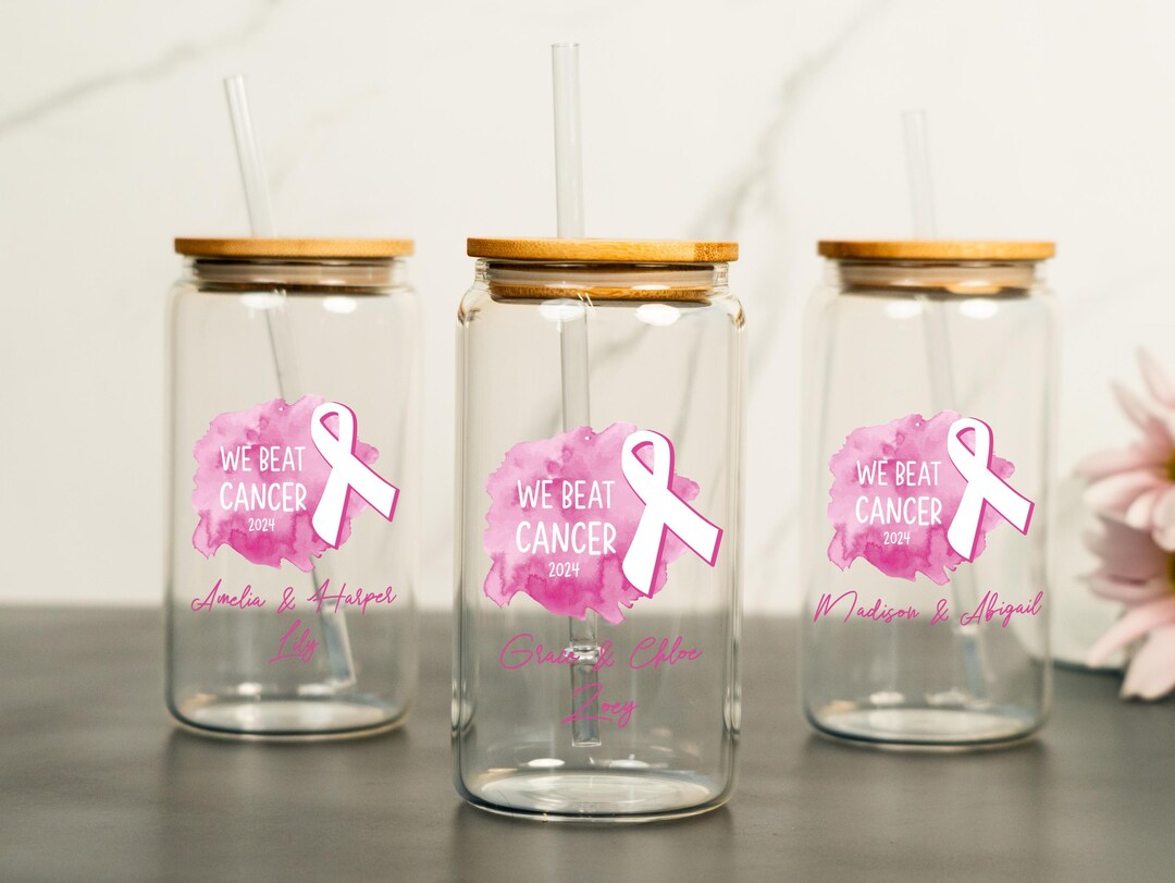 We Beat Cancer, Pink Ribbon Jar, Cancer Awareness Glass, Cancer Fighter ...