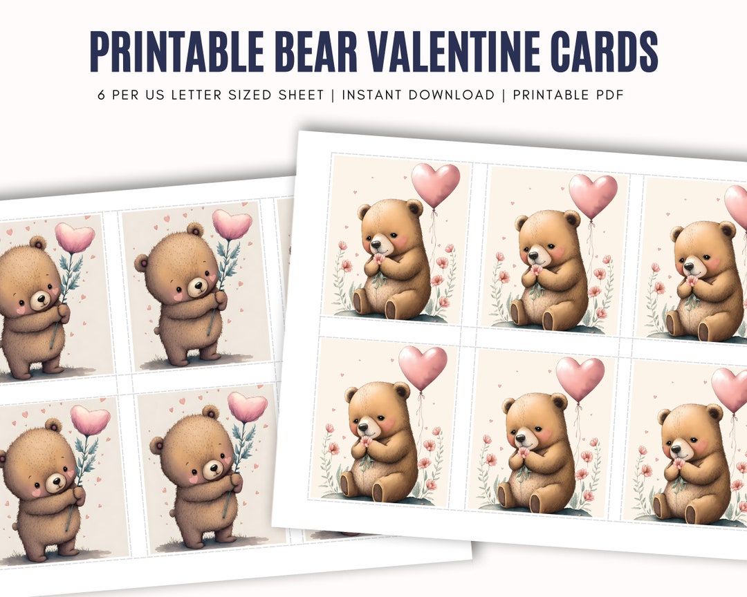 Printable Bear Valentine Cards for Preschoolers, Kids of All Ages - Etsy