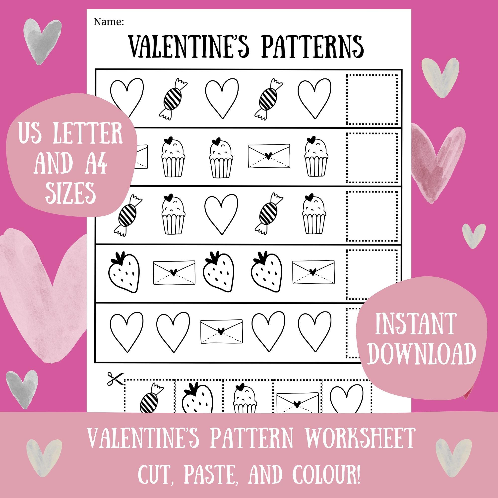 Valentine's Day Pattern Worksheet, Kids Classroom Activity (digital ...