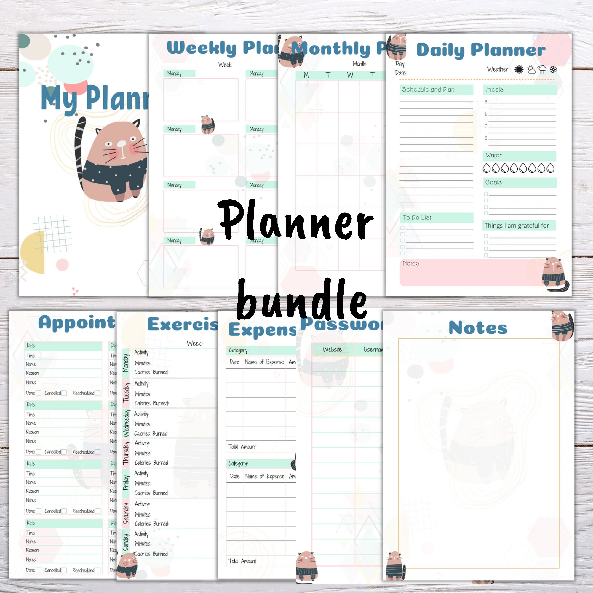 Cat Bundle Planner, Printable Digital Planner Insert and Accessories ...